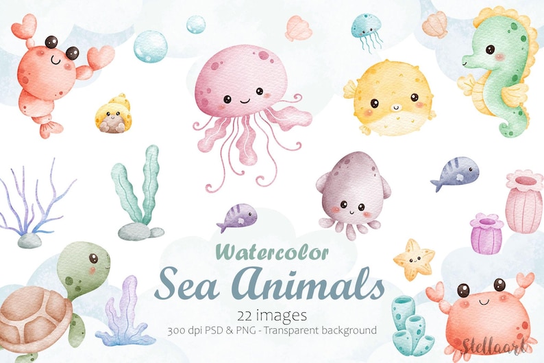 Watercolor Sea Animals PNG Clipart Bundle (digital Download) - Etsy