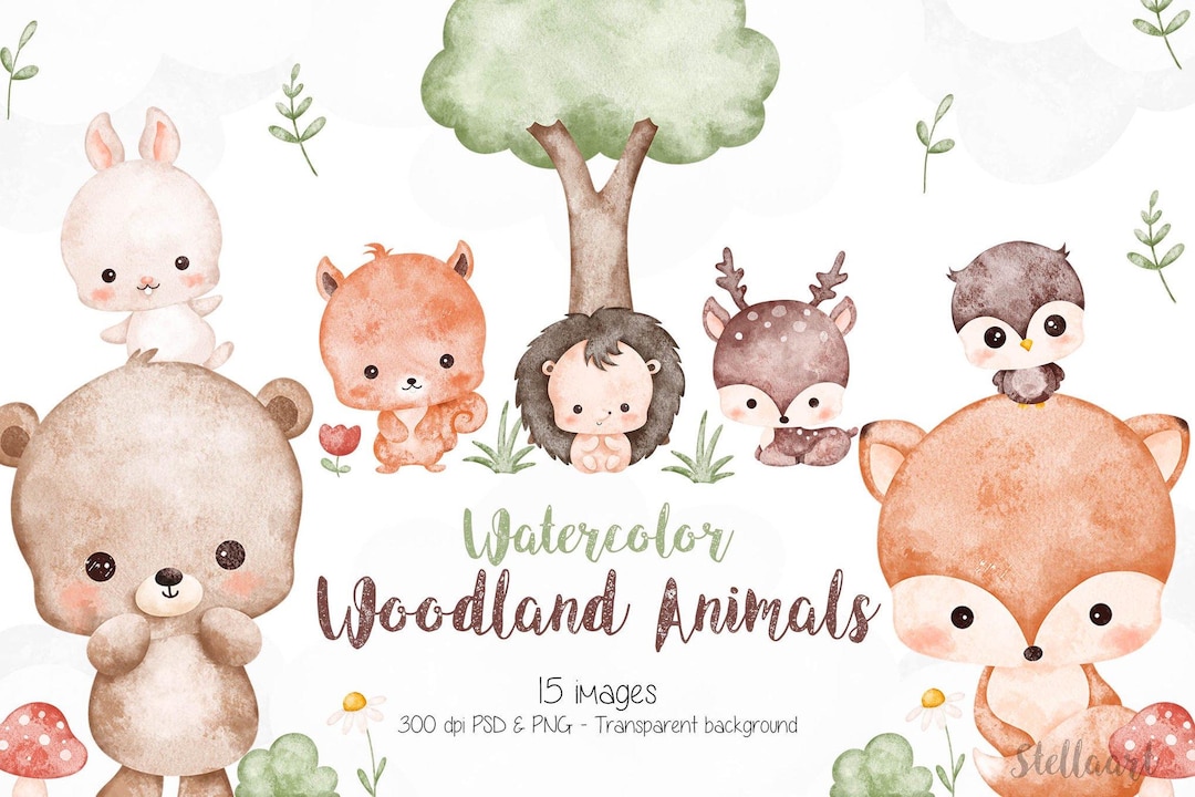 Watercolor Woodland Animals Clipart, Baby Forest Graphics (digital ...