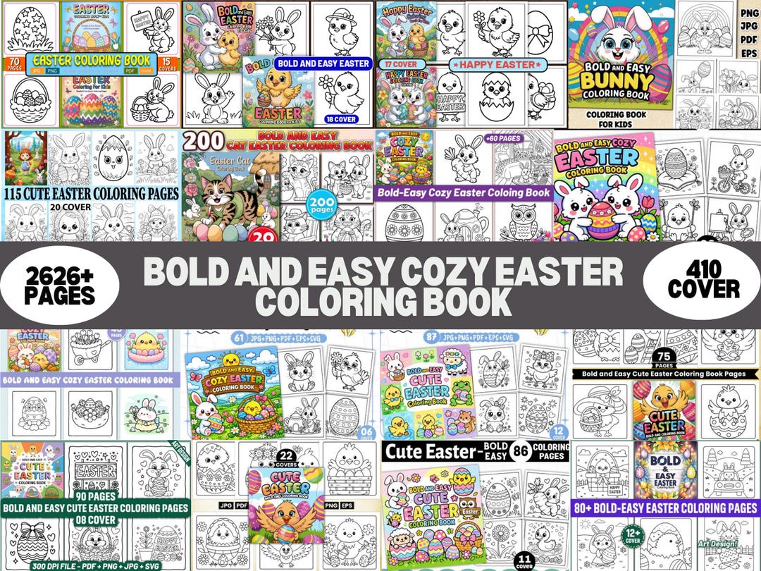 Bold Easter Coloring Pages for Kids, Bunny, Chick, Eggs (digital ...