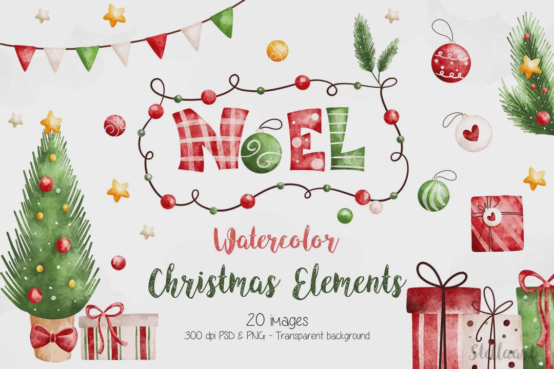 Watercolor Christmas Clipart Set (PNG, PSD) - Etsy