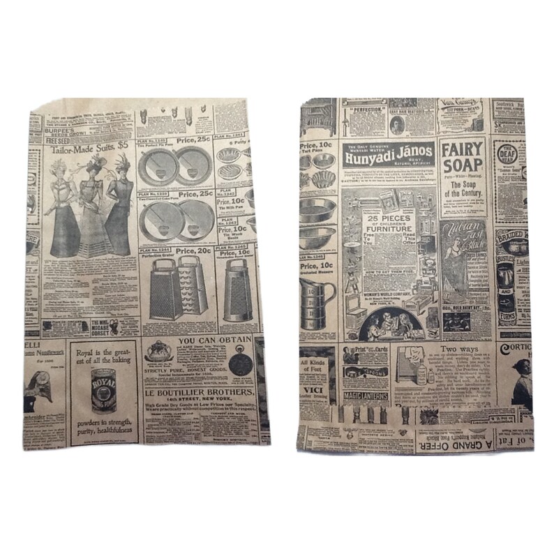 25 Newsprint Kraft Brown Paper Bags, Vintage Style Flat Paper Bags ...
