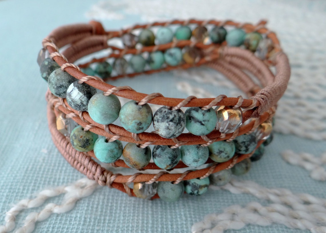 Beaded Leather Wrap Bracelet With Matte Turquoise Beads Etsy