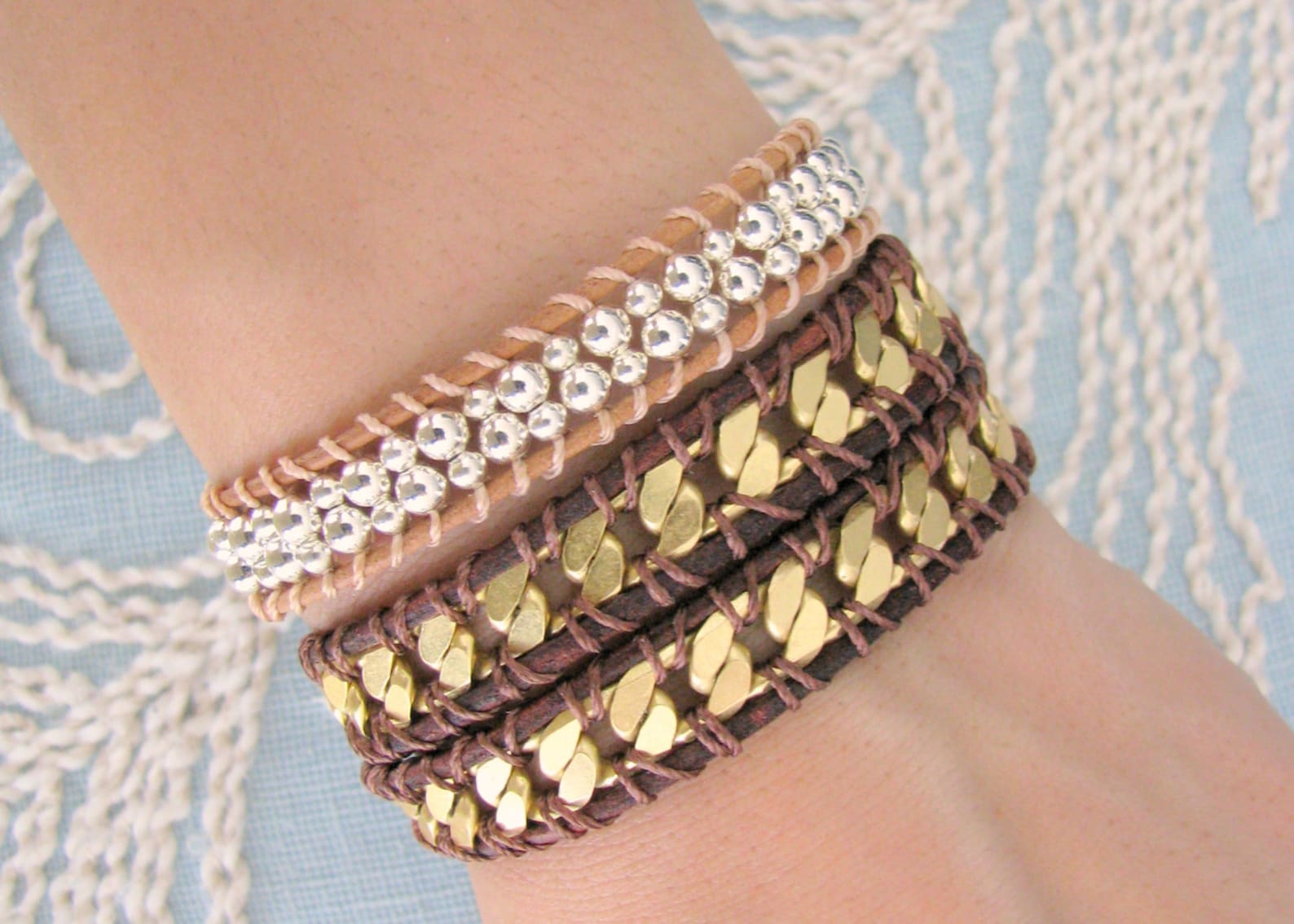 Chain Wrap Bracelet on Red Brown Leather Gold Chain With a - Etsy