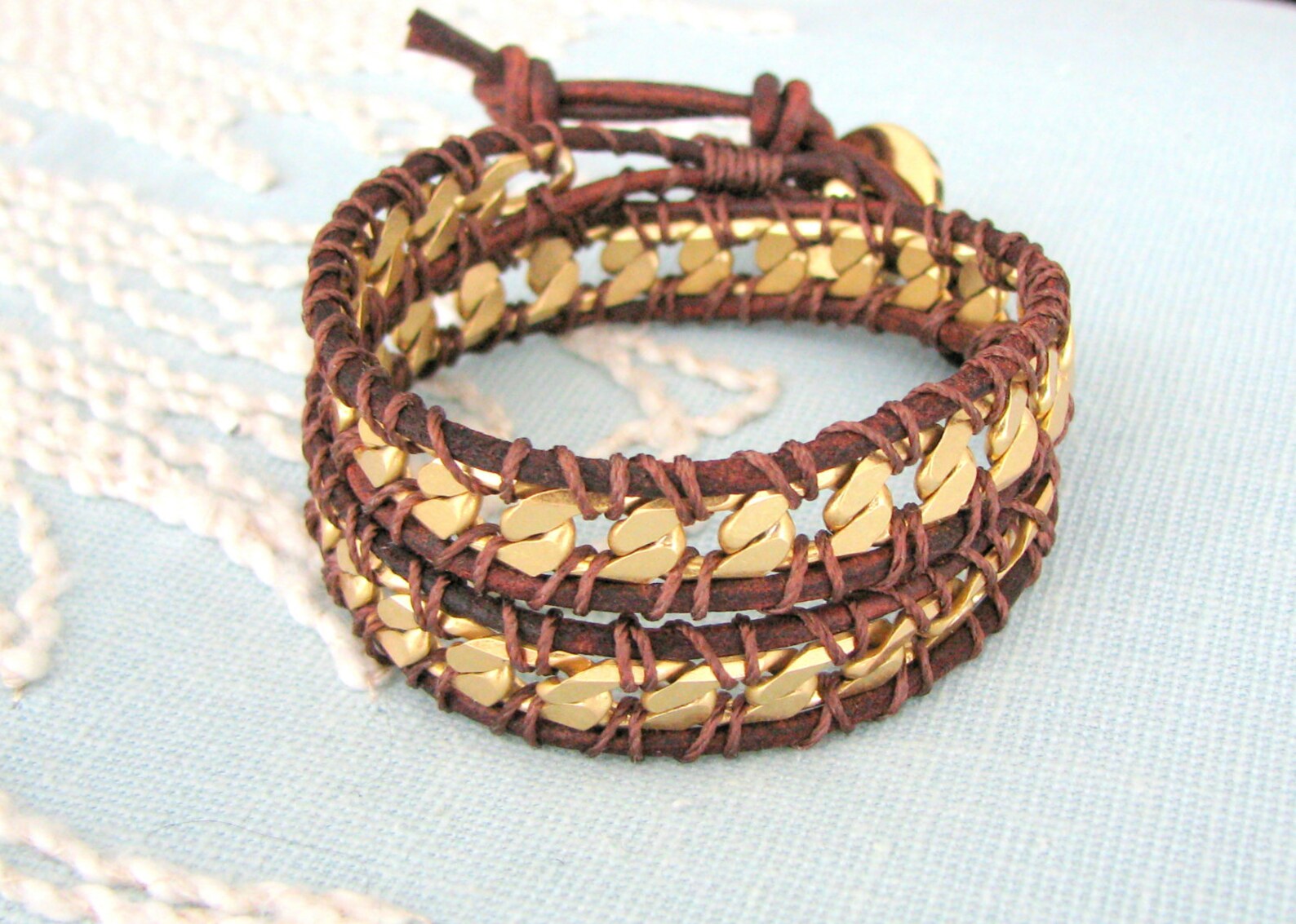 Chain Wrap Bracelet on Red Brown Leather Gold Chain With a - Etsy