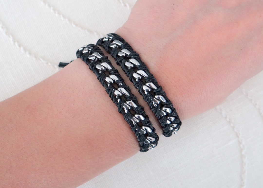 Chain Wrap Bracelet With Black Leather, a Button Clasp and Stainless ...
