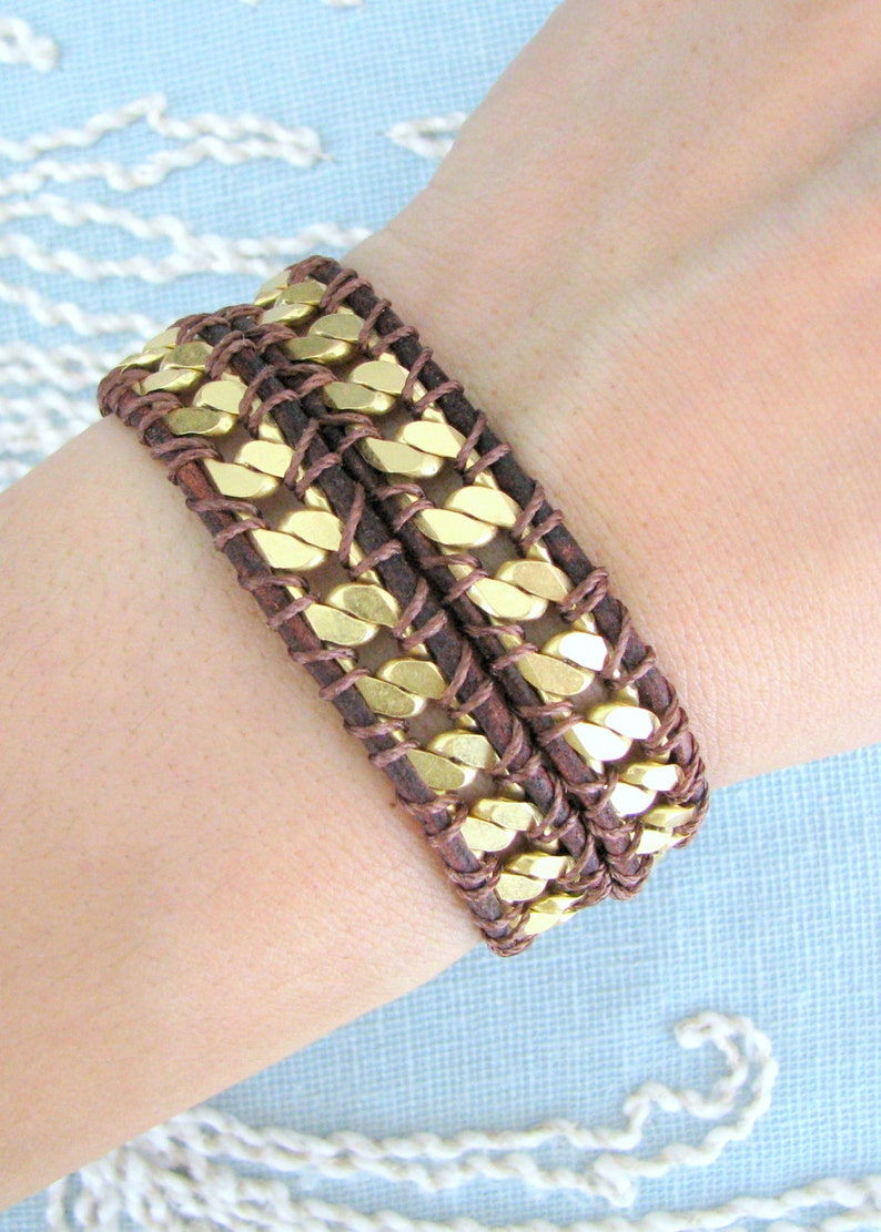 Chain Wrap Bracelet on Red Brown Leather Gold Chain With a - Etsy