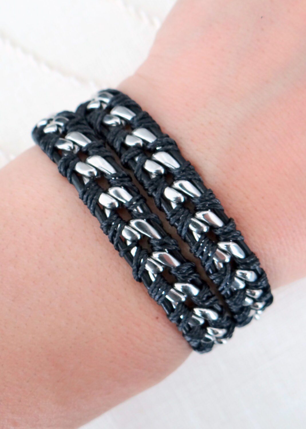 Chain Wrap Bracelet With Black Leather, a Button Clasp and Stainless ...