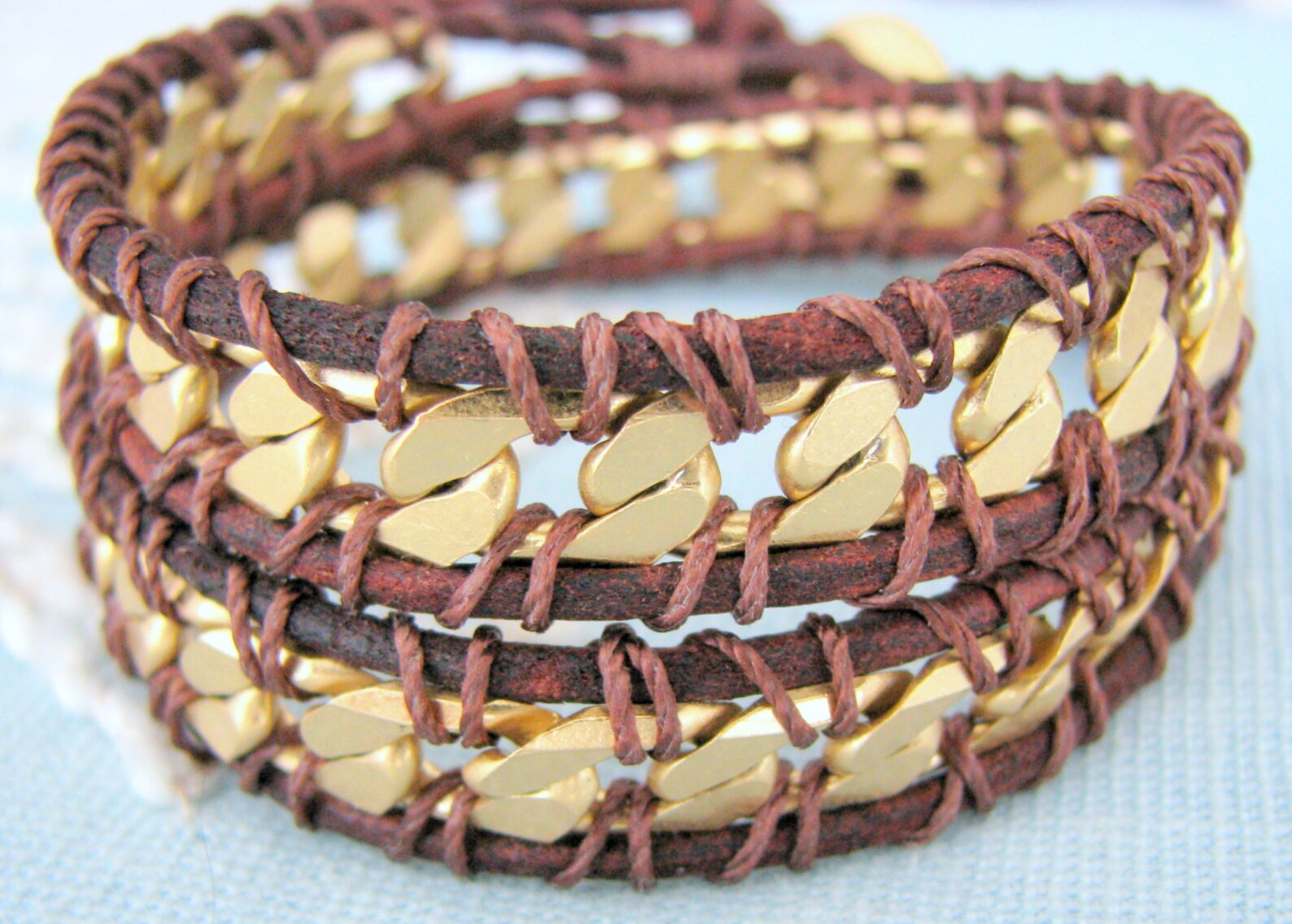 Chain Wrap Bracelet on Red Brown Leather Gold Chain With a - Etsy