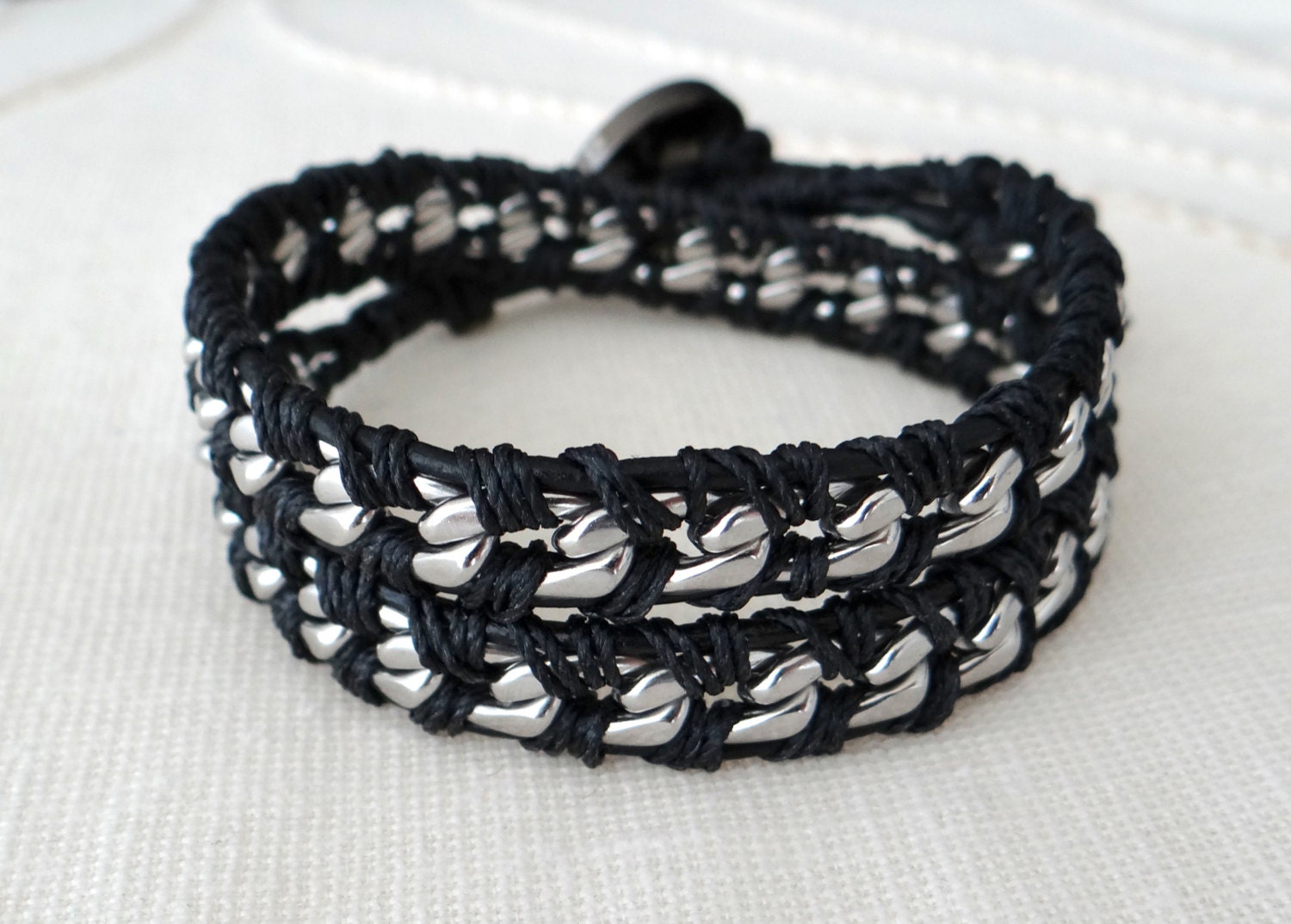 Chain Wrap Bracelet With Black Leather, a Button Clasp and Stainless ...