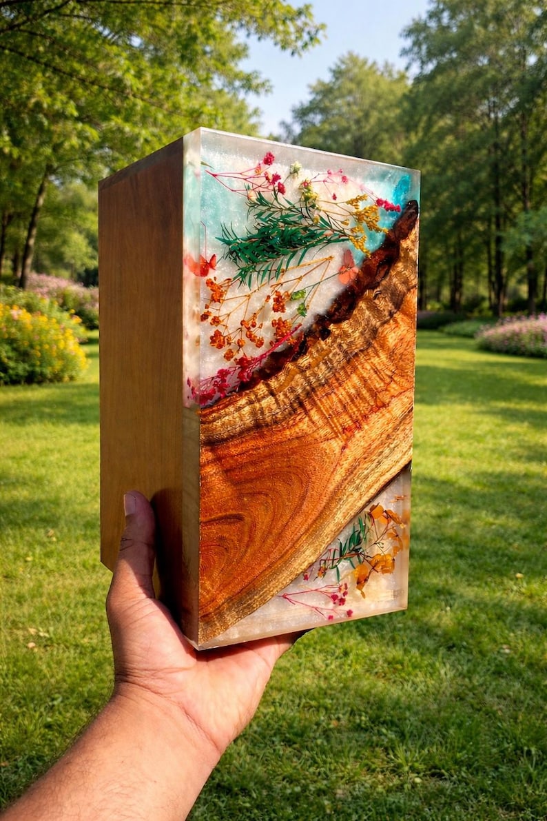 Handmade Wooden & Resin Urn Box With Real Flowers | Memorial Ashes Box ...