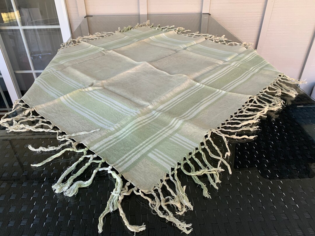 Antique 1920s Ivory and Pale Green Linen Fringe Tablecloth, Antique ...