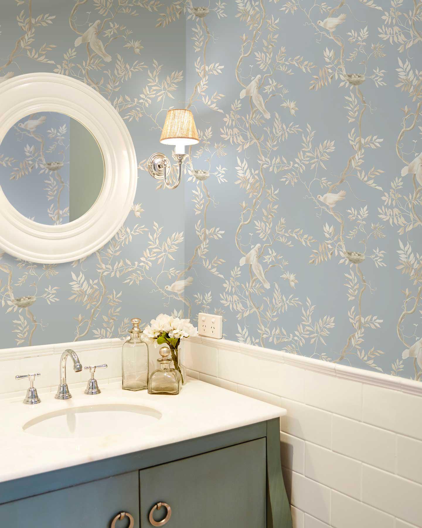 Blue Bird Wallpaper Roll, Blue & Gold Branch Pattern, Shimmer Botanical ...