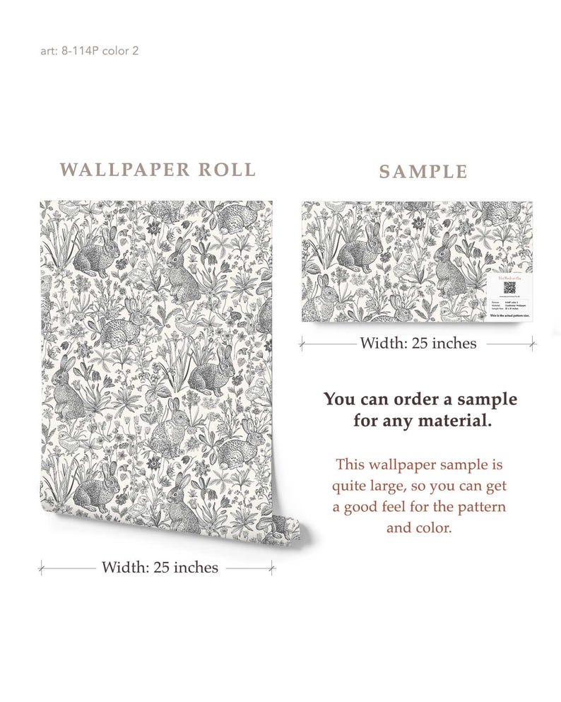 Vintage Woodland Rabbit Pattern Wallpaper Roll, Seamless Nature Print ...