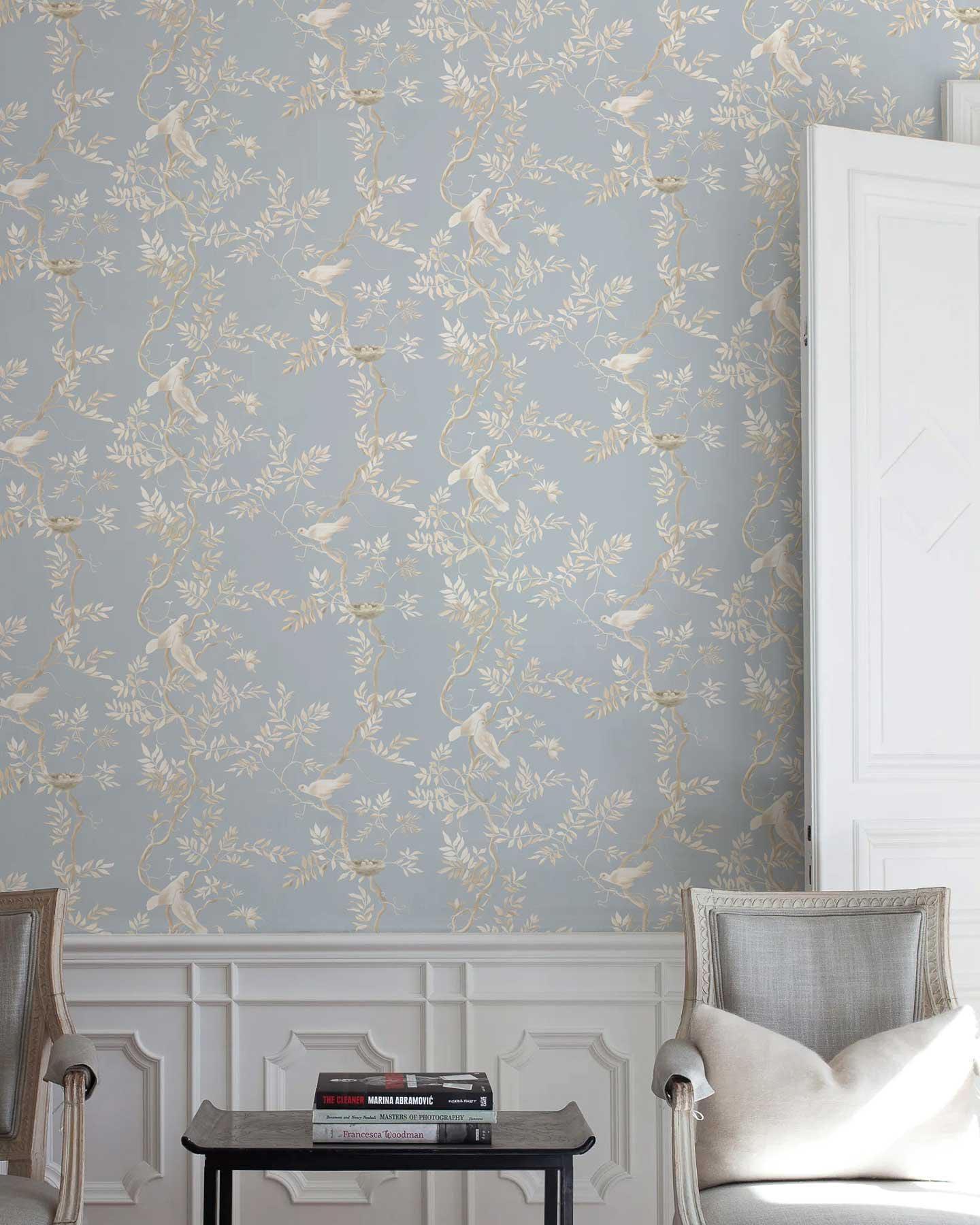 Blue Bird Wallpaper Roll, Blue & Gold Branch Pattern, Shimmer Botanical ...