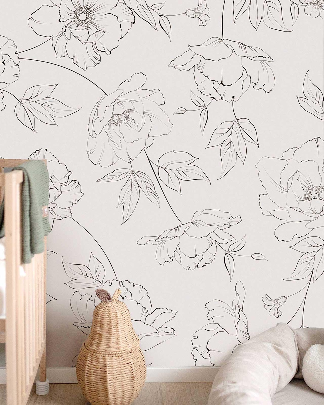 Minimal Floral Line Art Wallpaper Roll, Black Outline Flower Pattern ...
