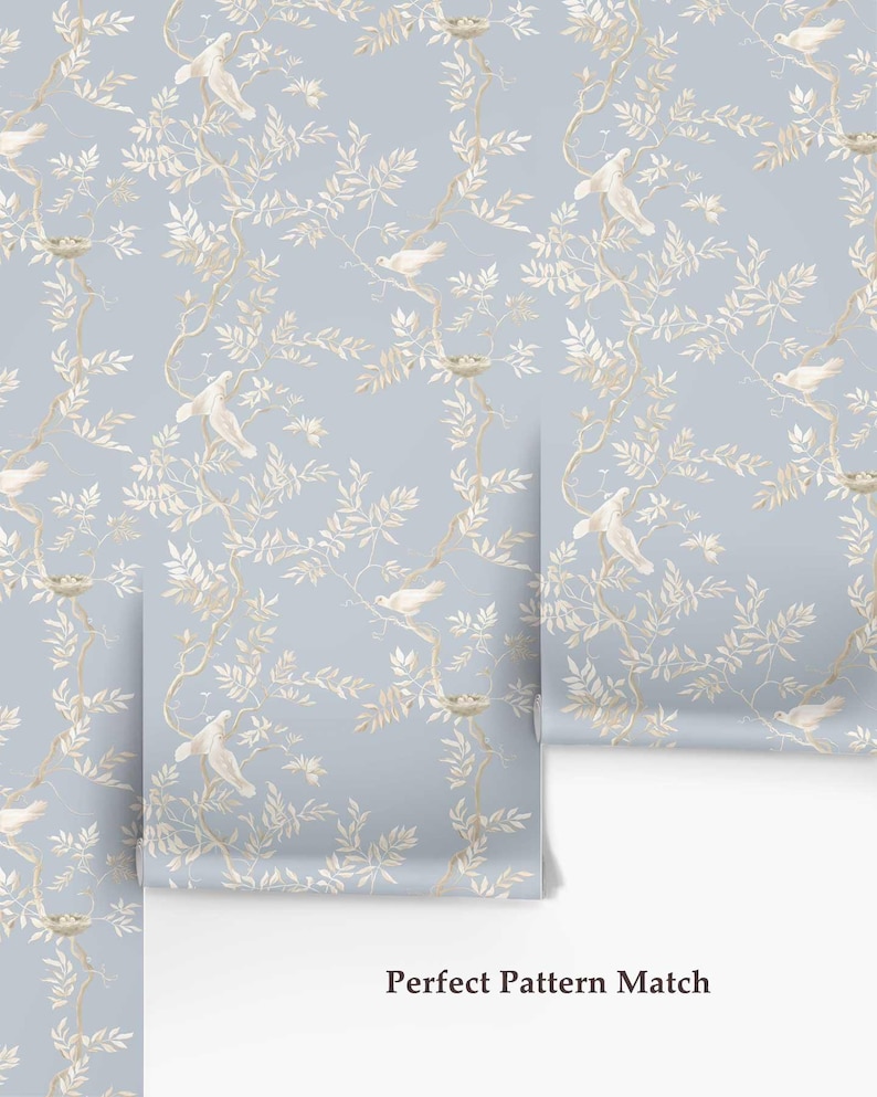 Blue Bird Wallpaper Roll, Blue & Gold Branch Pattern, Shimmer Botanical ...