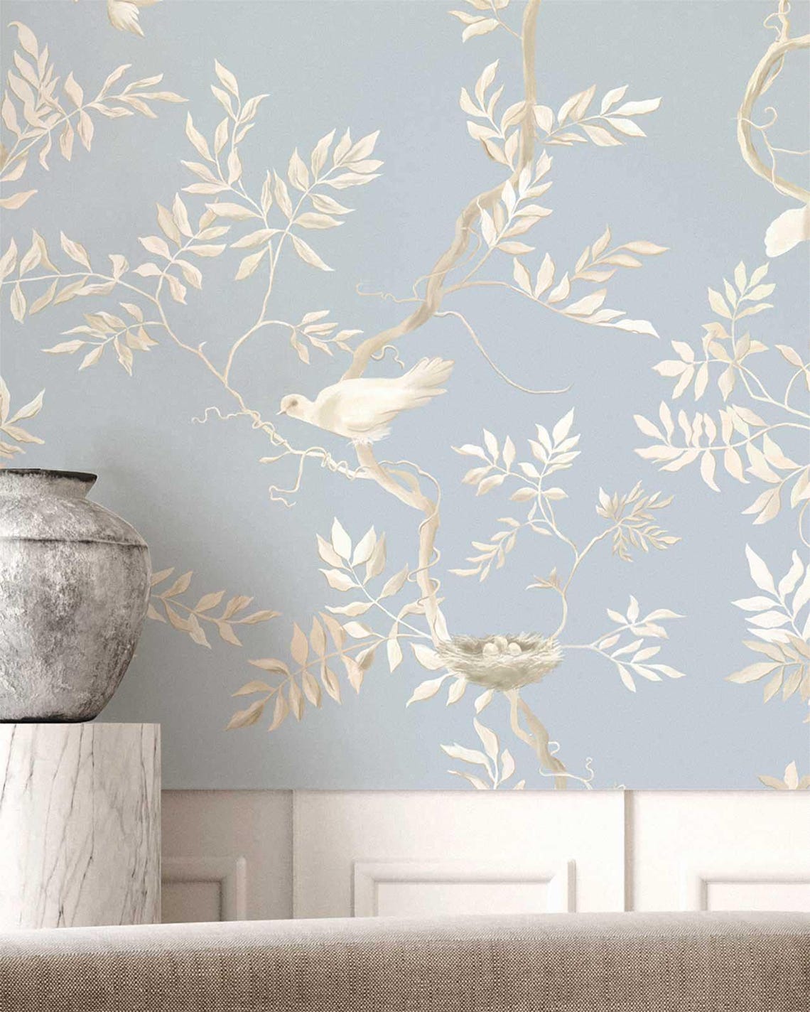 Blue Bird Wallpaper Roll, Blue & Gold Branch Pattern, Shimmer Botanical ...
