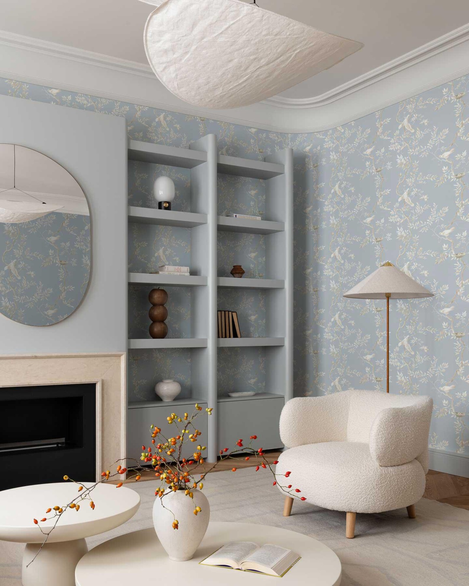 Blue Bird Wallpaper Roll, Blue & Gold Branch Pattern, Shimmer Botanical ...