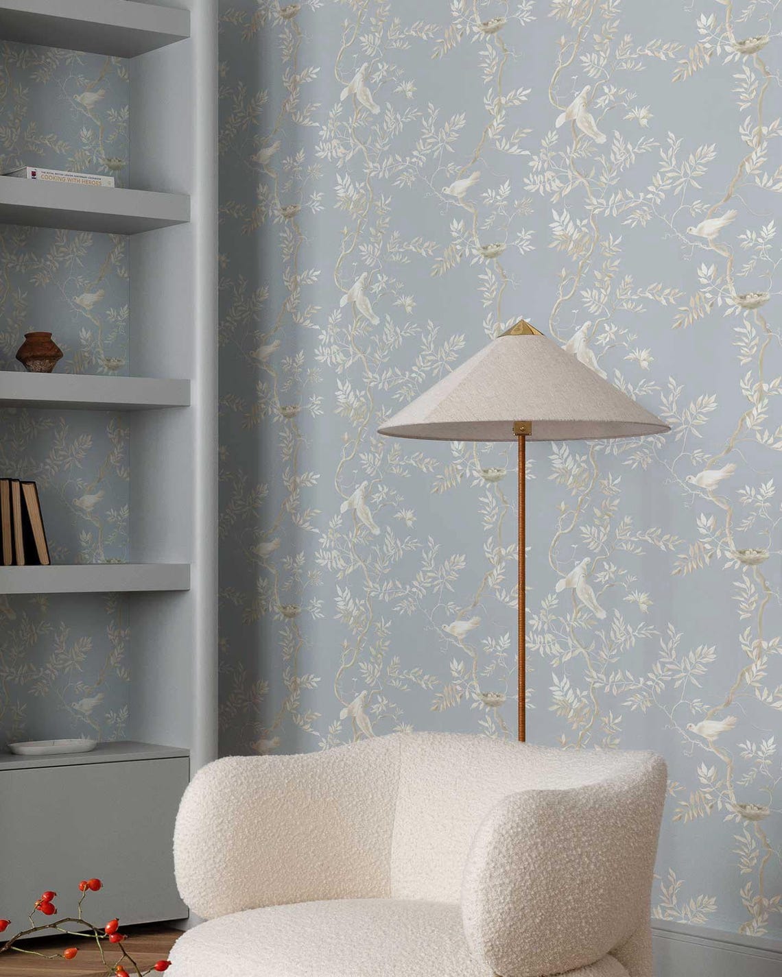 Blue Bird Wallpaper Roll, Blue & Gold Branch Pattern, Shimmer Botanical ...