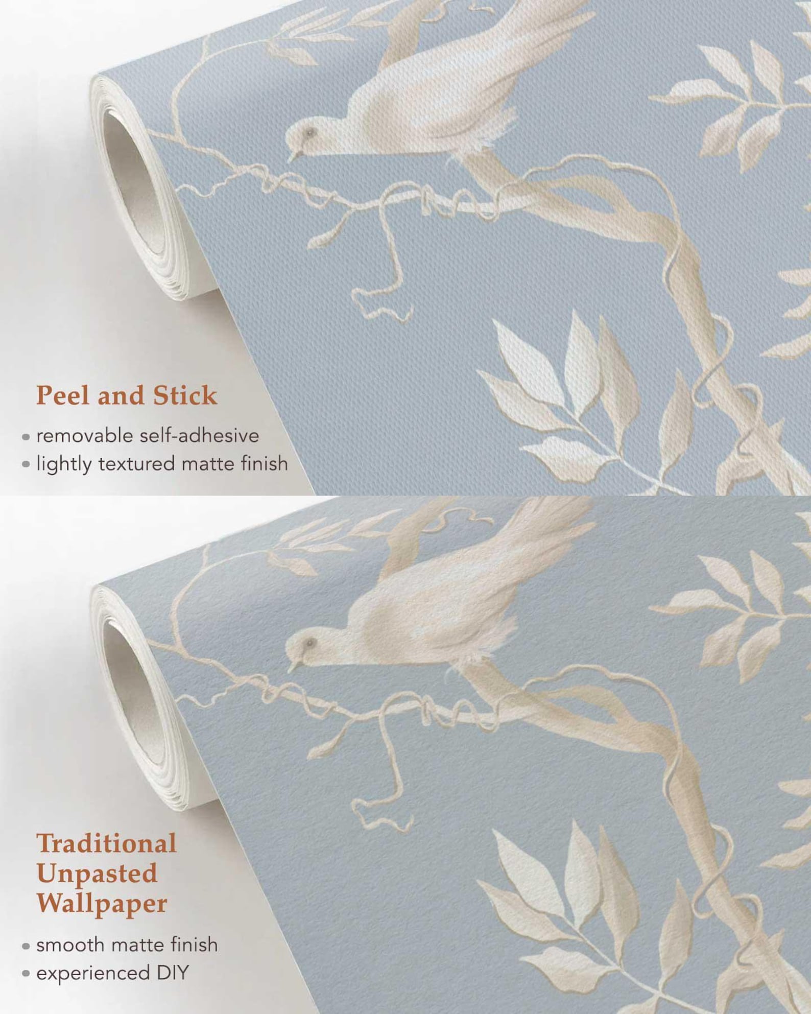 Blue Bird Wallpaper Roll, Blue & Gold Branch Pattern, Shimmer Botanical ...