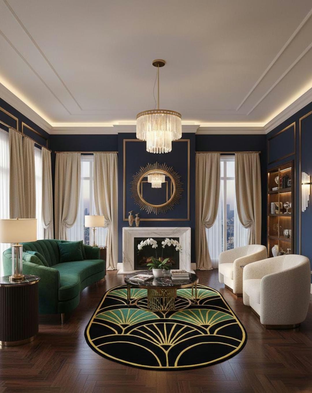 Art Deco Tufted Rug, Luxury Black Gold Area Rug for Living Room Sofa ...