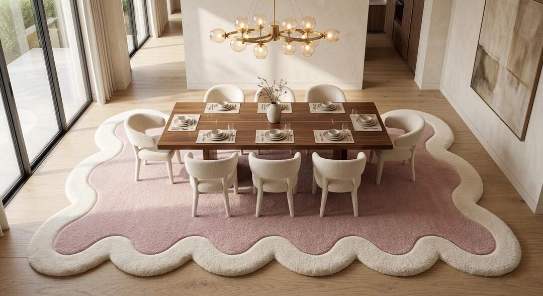 Pastel Pink Scalloped Rug, Tufted Wool Area Rug for Living Room Sofa ...