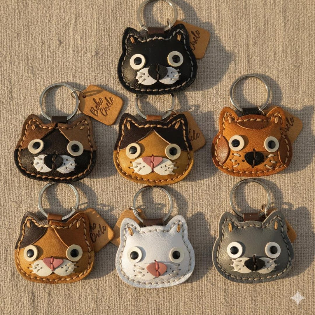 Handmade Leather Cat Keychain | Kawaii Cat Face Key Fob Charm | Feline ...