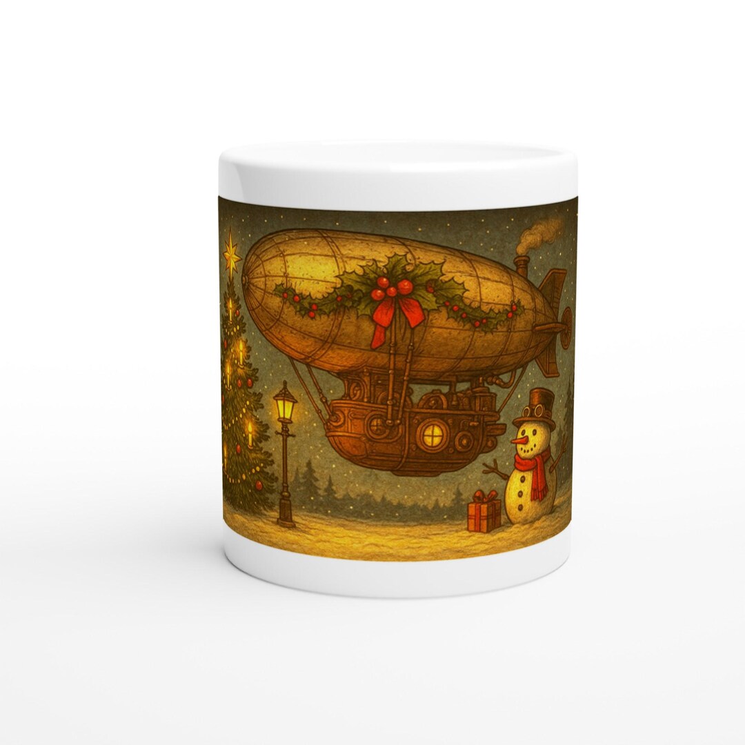 Steampunk Christmas – Airship and Jaunty Snowman Vignette 11oz Mug Gift ...