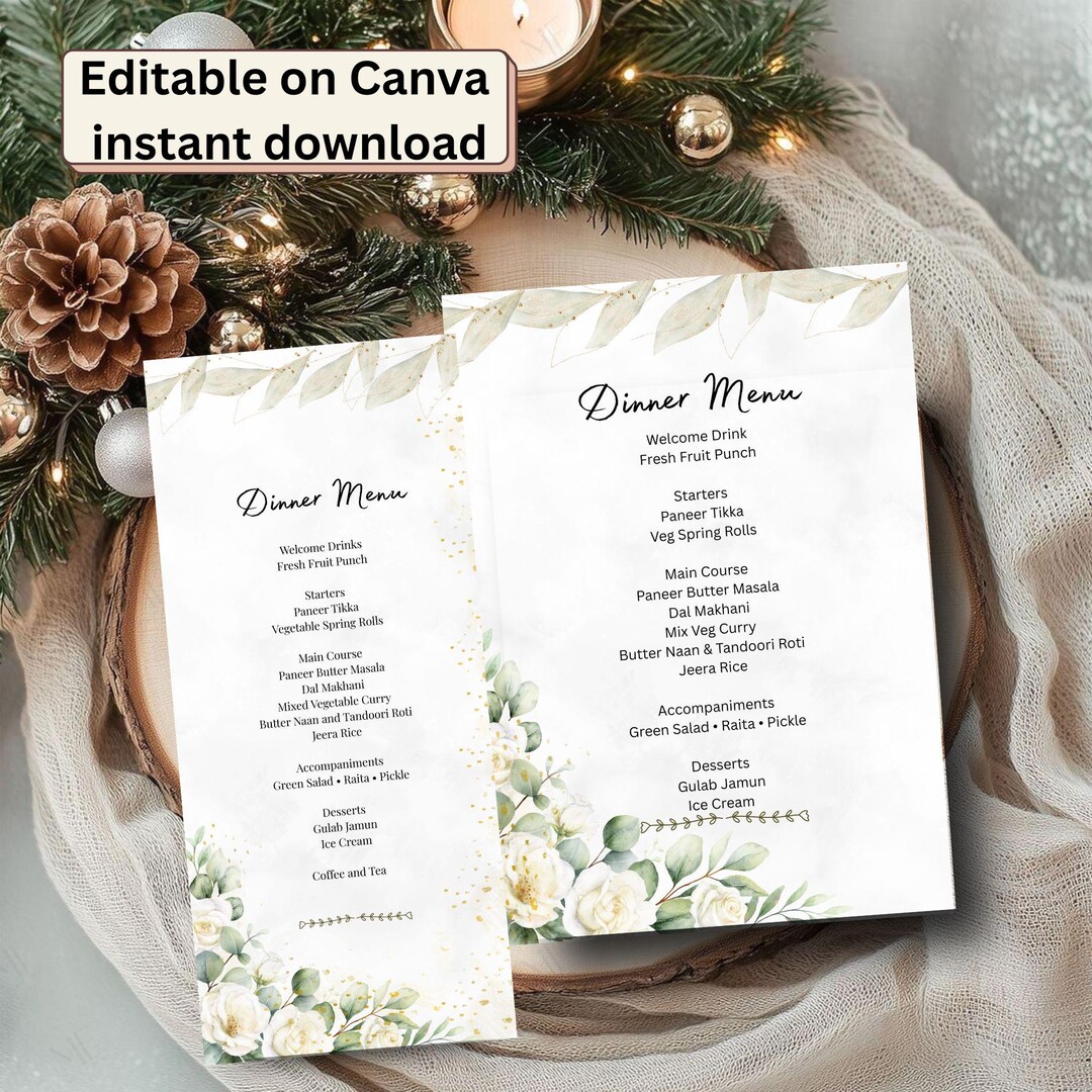 Floral Indian Wedding Menu Template | Editable Vegetarian Dinner (PDF ...
