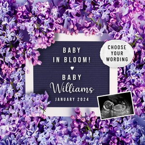 Lilac Flowers Pregnancy Announcement Digital, Baby in Bloom, Customized ...