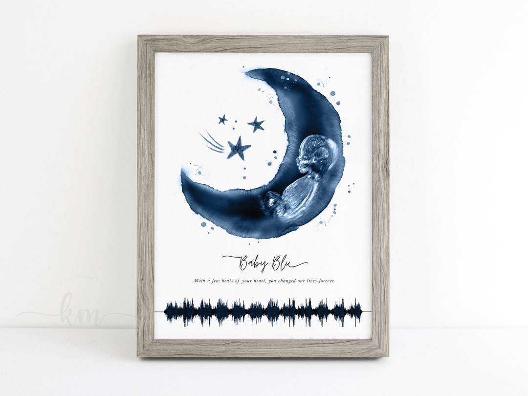 Baby Heartbeat Soundwave Ultrasound Art, Moon Stars Watercolor Sonogram ...
