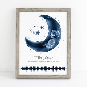 Baby Heartbeat Soundwave Ultrasound Art, Moon Stars Watercolor Sonogram ...