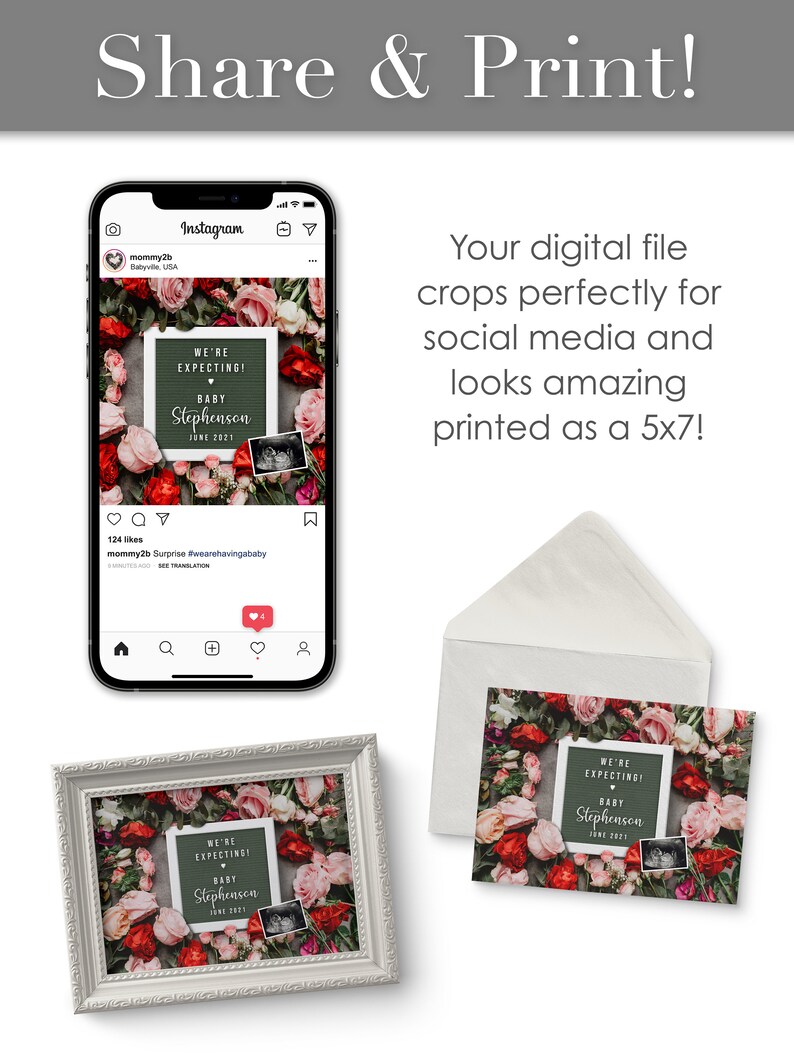 Flowers Pregnancy Announcement Digital Spring Floral Roses - Etsy