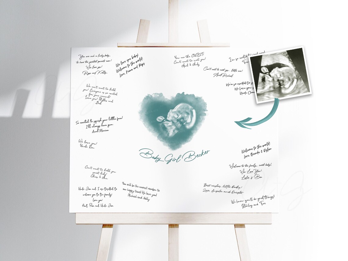 Baby Shower Guestbook Print, Custom Watercolor Heart Ultrasound ...