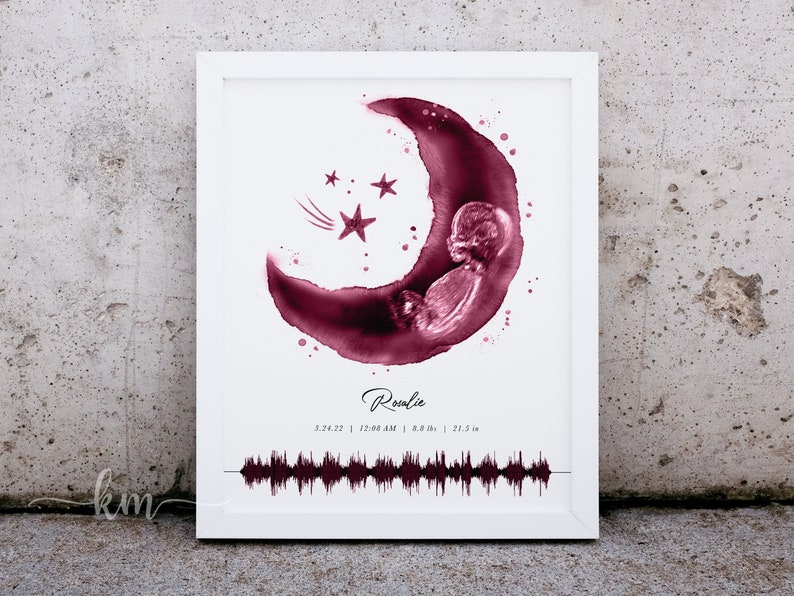 Baby Heartbeat Soundwave Ultrasound Art, Moon Stars Watercolor Sonogram ...
