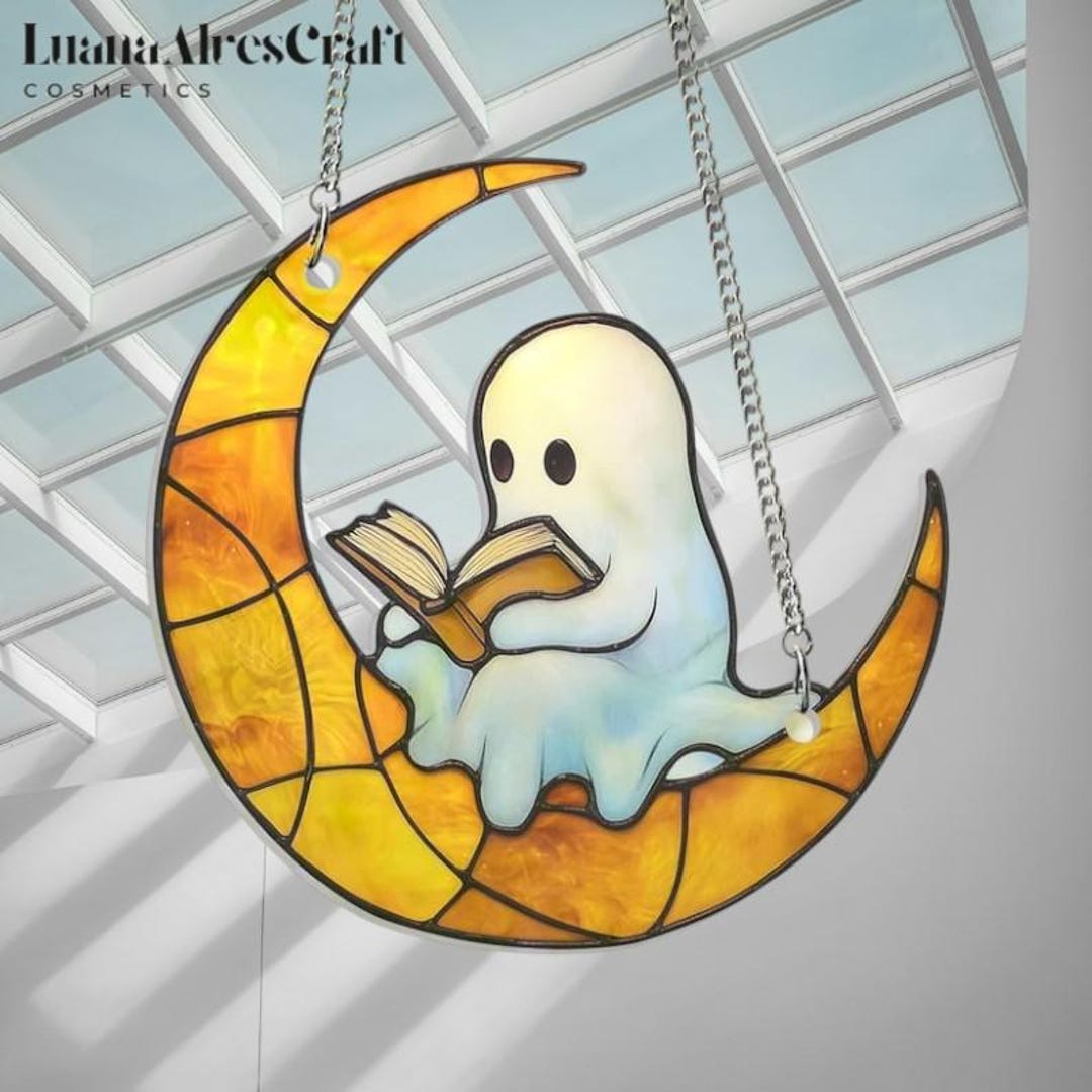 Ghost Reading Book on Moon Suncatcher, Window Hanging Decor, Book Lover ...