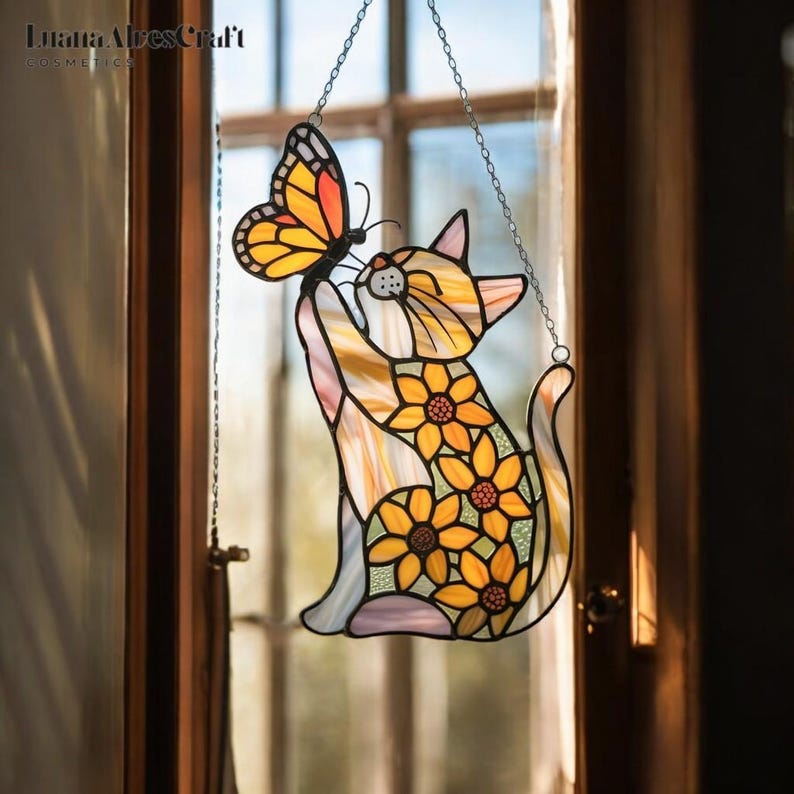 Sunflower Cat Acrylic Suncatcher, Cat Window Hanging Decor, Butterfly ...