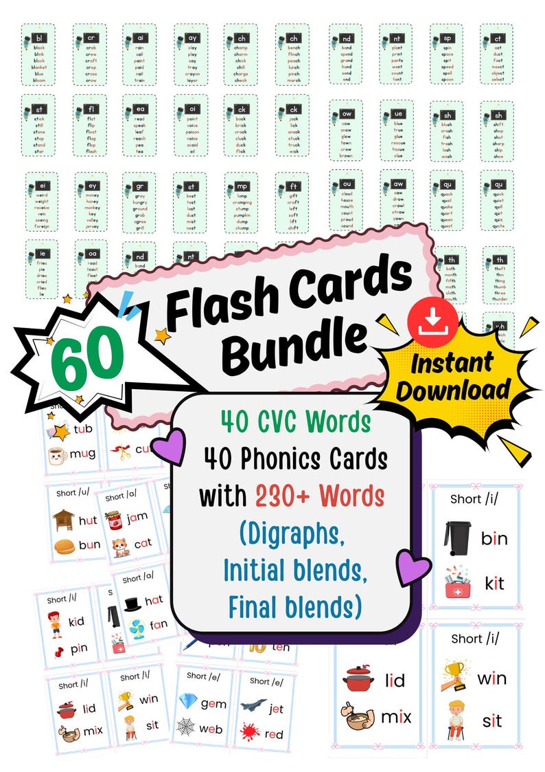 CVC Words Flash Cards Bundle | 60 Phonics Cards Digraphs, Initial ...