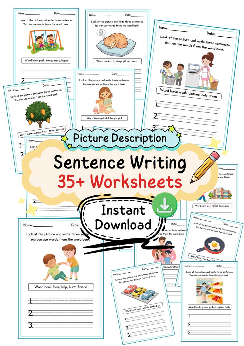 Printable Sentence Writing Worksheets for Kids| Picture Description ...