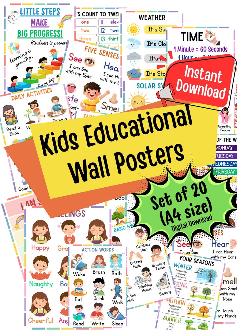 Kids Educational Wall Posters (set of 20) | Digital A4 Size Wallpaper ...