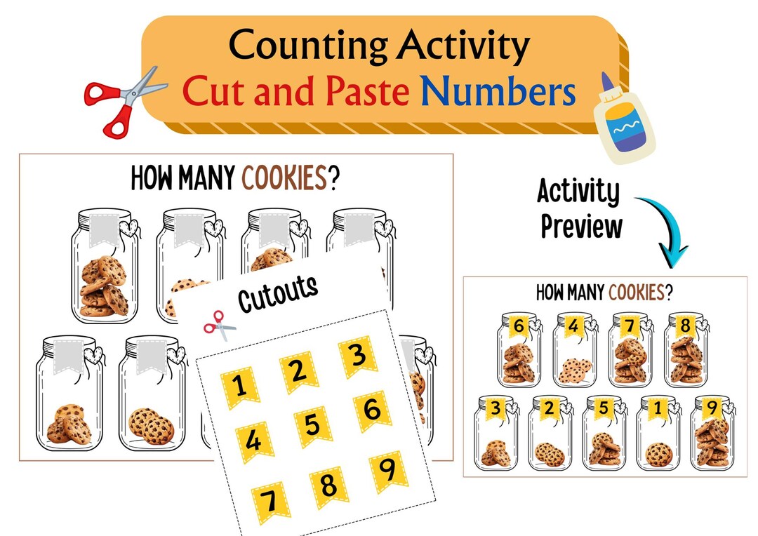 How Many Cookies Counting Activity | Cut and Paste Numbers | Preschool ...