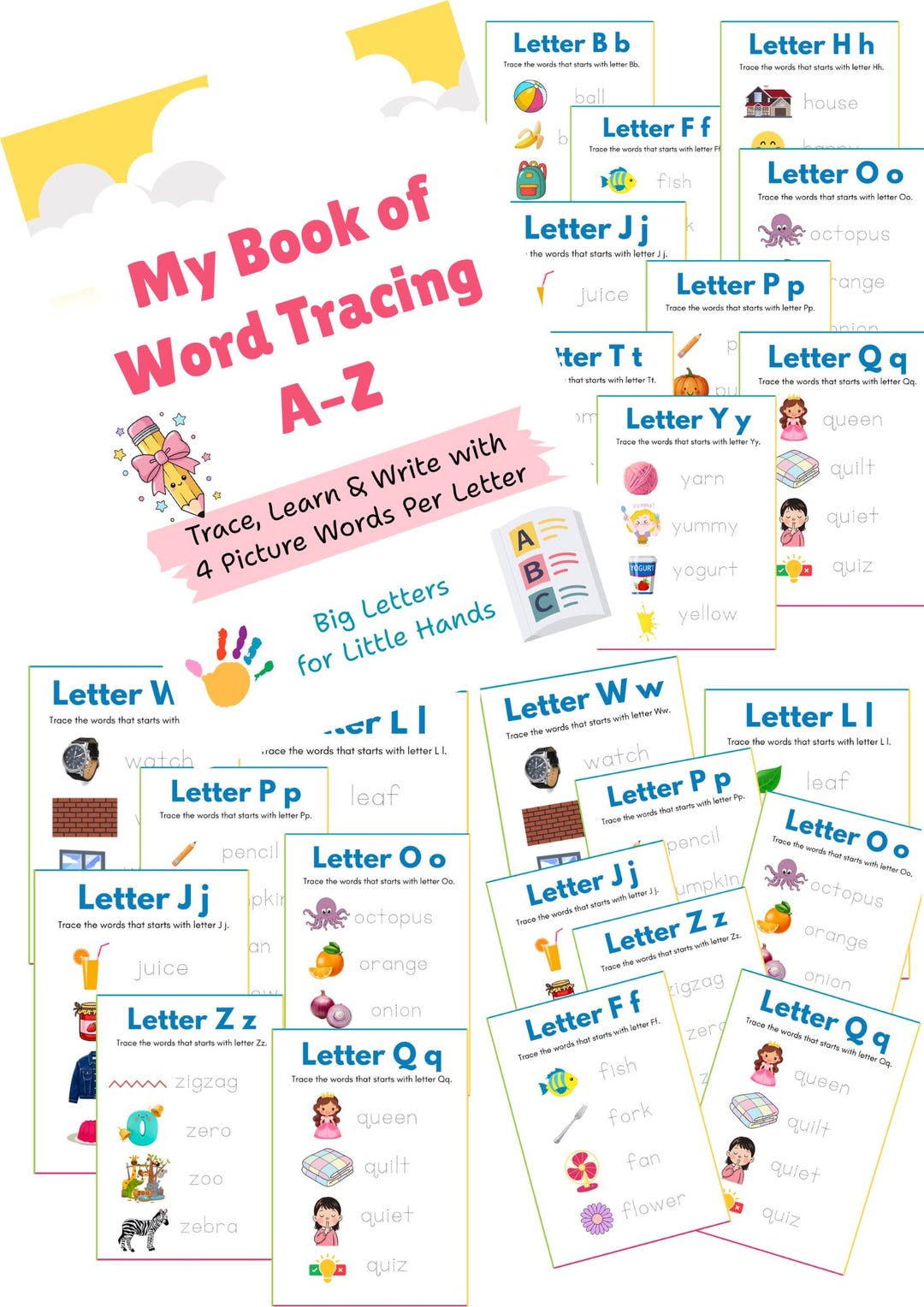 A–Z Word Tracing Practice Book: Trace, Learn & Write With 4 Picture ...
