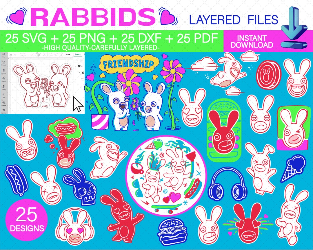 25 diseños de Rabbids. Svg Dxf Pdf Png en capas con fondo - Etsy México