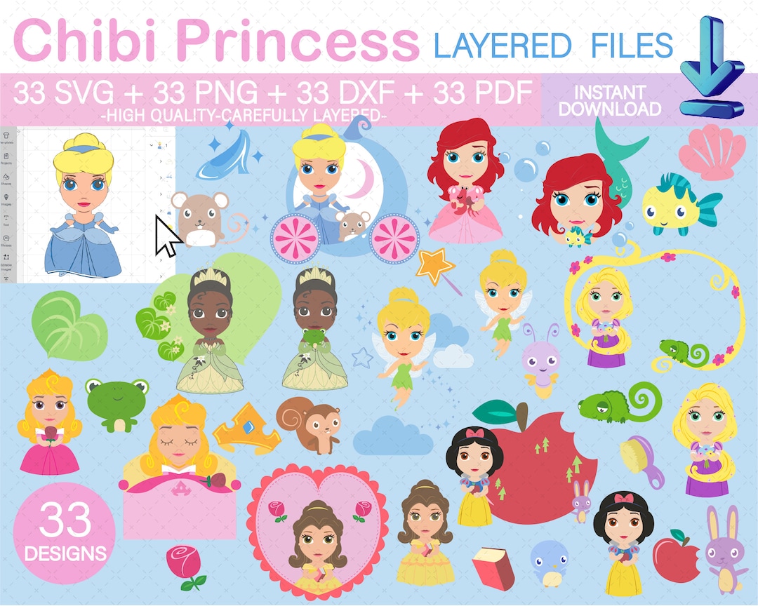 33 Chibi Princesses Designs. Layered Svg, Transparent Background Png ...