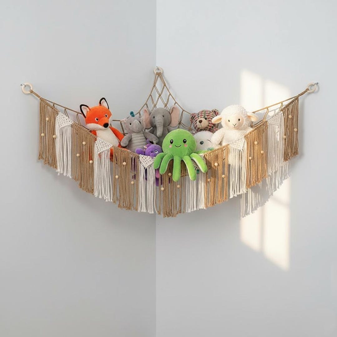 Beige and White Macrame Toy Hammock, Corner Stuffed Animal Net, Beaded ...