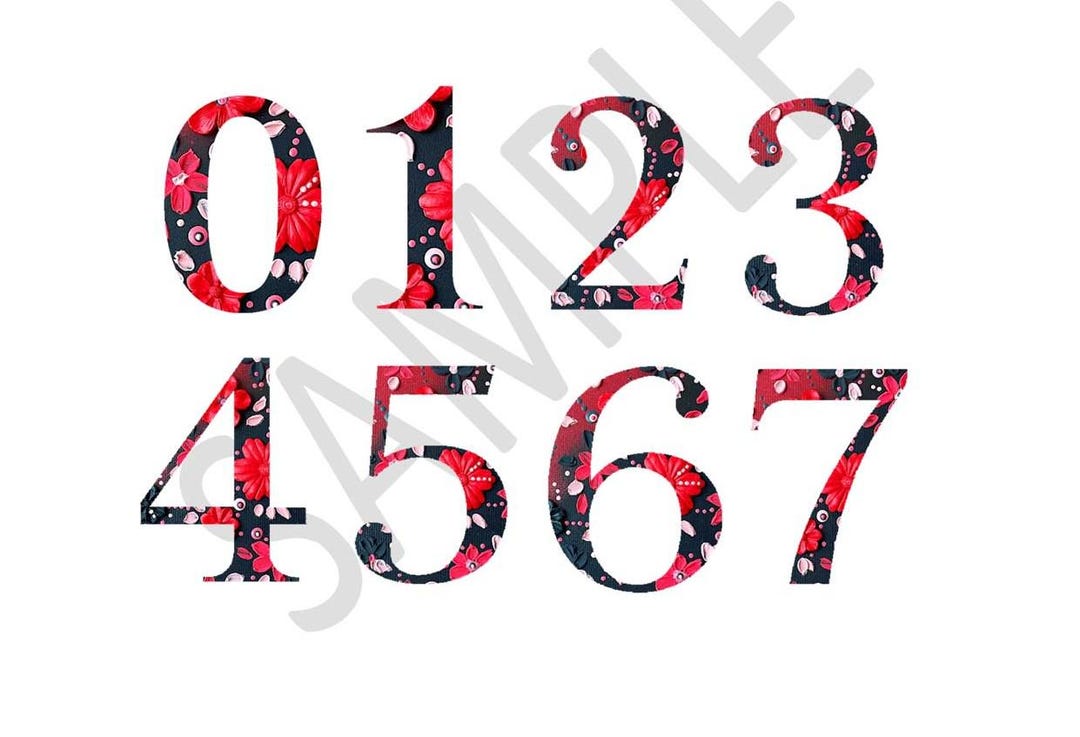 Bold Red Floral Pattern 10 Numbers, Printable Clip Art Font Set ...