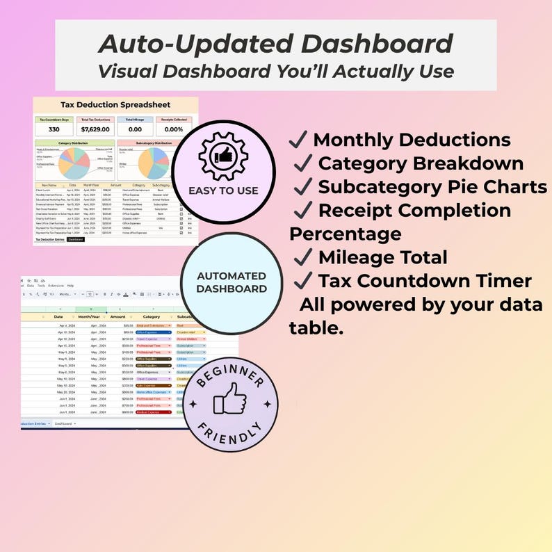 Tax Deduction Tracker Spreadsheet: Automated Expense, Mileage Log ...