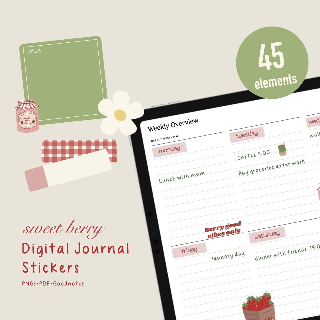Strawberry Themed Digital Sticker Pack for Planners, Journals and ...
