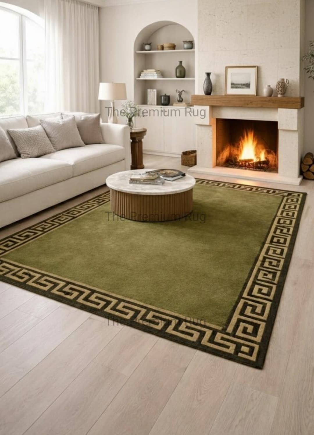 Green With Black Greek Key Border Hand Tufted Wool Area Rug. - Etsy