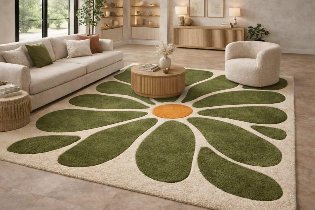 Hand-tufted Wool Daisy Rug – Green Floral Area Carpet, Nature Inspired ...